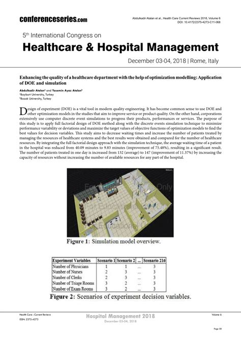 Pdf Enhancing The Quality Of A Healthcare Department With The Help Of Optimization Modelling