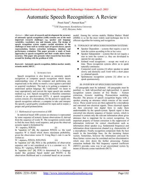 Automatic Speech Recognition A Review Preeti Saini