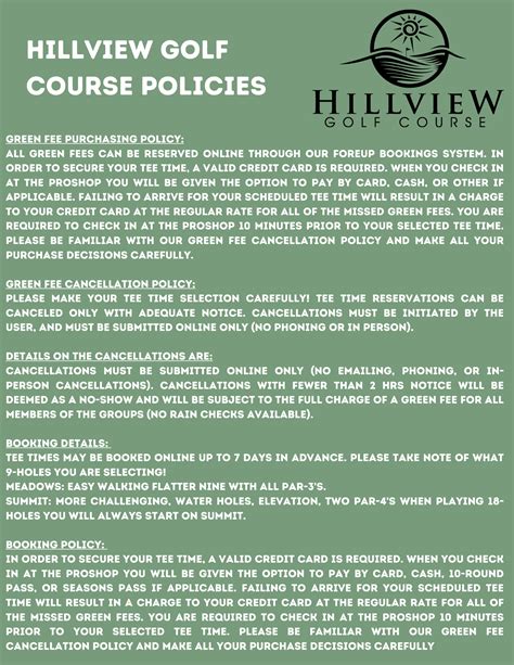 Policies And Rules Hillview Golf Course