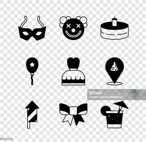 축제 마스크 광대 머리 불타는 촛불이 달린 케이크 불꽃 놀이 로켓 선물 활 칵테일 풍선 리본 및 여성 드레스 아이콘을 설정합니다 벡터 검은색에 대한 스톡 벡터 아트 및 기타