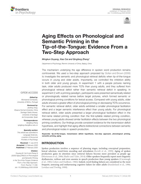 Pdf Aging Effects On Phonological And Semantic Priming In The Tip Of