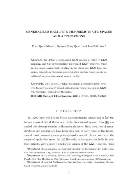 Pdf Generalized Kkm Type Theorems In Gfc Spaces And Applications