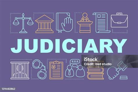 사법 단어 개념 배너입니다 사법 제도 형사 법원 프리젠 테이션 웹 사이트 가해자 처벌 선형 아이콘과 격리 된 문자 타이포그래피 아이디어 벡터 개요 그림 개념에 대한 스톡
