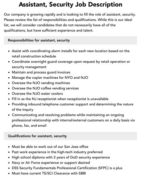 Assistant Security Job Description Velvet Jobs