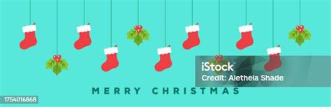 메리 크리스마스 테두리 배너 매달린 산타 스타킹과 겨우살이 화환 겨울 휴가 시즌 헤더 장식입니다 웹 배너 템플릿 벡터 일러스트 레이 션입니다 0명에 대한 스톡 벡터 아트 및
