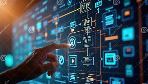 hand interacts with interactive database screen flowchart illustrates
