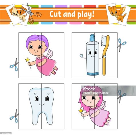 잘라내기 및 재생합니다 플래시 카드 색상 퍼즐 치아 치약 요정 교육 개발 워크 시트 활동 페이지 어린이를위한 게임 재미있는 캐릭터 격리된 벡터 그림입니다 만화 스타일입니다