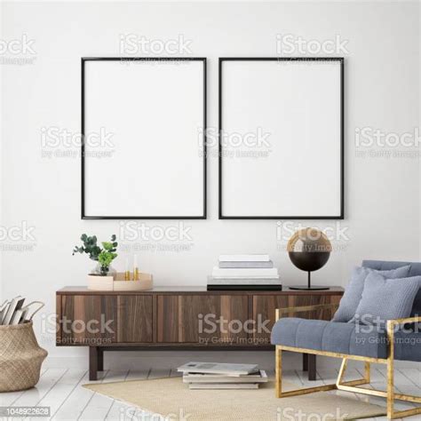 Hipster 인테리어 배경 스 칸디 나 비아 스타일의 포스터 프레임을 모의 3d 렌더링 3d 그림 0명에 대한 스톡 사진 및 기타 이미지 Istock