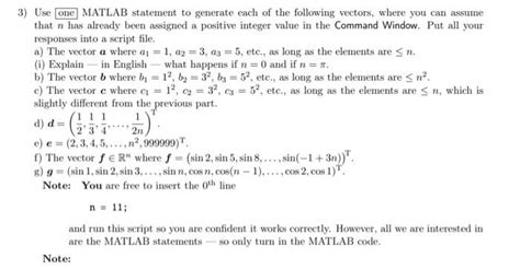 solved 3 use one matlab statement to generate each of the