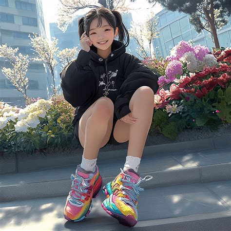 밝고 화사한 배경 속에서 귀여운 한국인 여자아이가 다채로운 색상의 운동화를 신고 있다 아이는 활짝 웃으며 즐거운 표정을 짓고 있으며 주변에는 꽃과 나무가 어우러진 자연