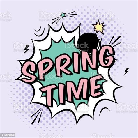 봄 시간 문구와 함께 벡터 화려한 팝 아트 그림 현대 만화 스타일에 하프톤 배경과 폭탄 폭발과 함께 장식 템플릿 계절에 대한 스톡 벡터 아트 및 기타 이미지 Istock