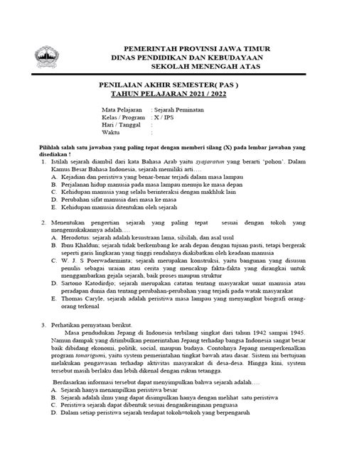 Soal Dan Kunci Pas Sej Peminatan Kelas X Sem 1 20221 2022 Esti Sugiman Ok Pdf