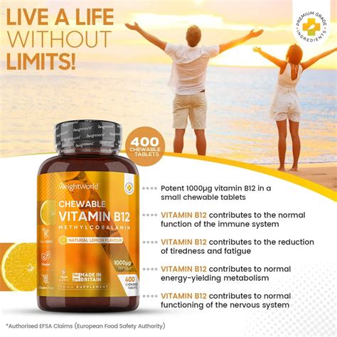 400 Chewable Vitamin B12 Tablets 1000µg Lemon Flavour Weightworld