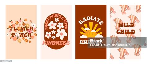 70 년대는 티셔츠 포스터 카드 스티커 소셜 미디어 이야기를위한 복고풍 히피 그래픽 세트에서 영감을 얻었습니다 갈색과 분홍색의