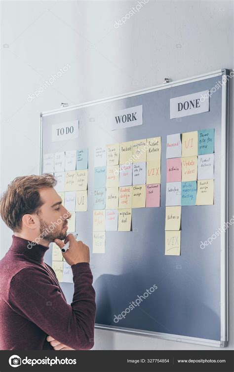 Side View Handsome Scrum Master Thinking Board Sticky Notes Letters