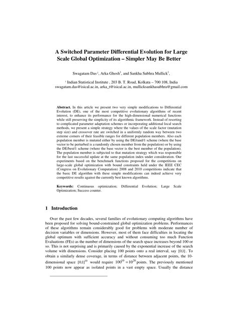 Pdf A Switched Parameter Differential Evolution For Large Scale
