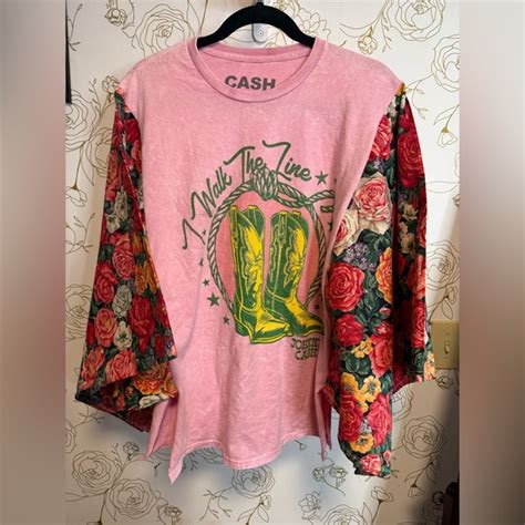 Tops Johnny Cash Pink Graphic Tee With Floral Sleeves Poshmark