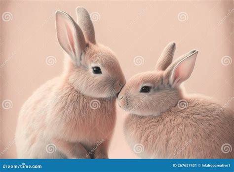 Cute Bunny Rabbits Kissing Easter And Valentines Day Concept Stock