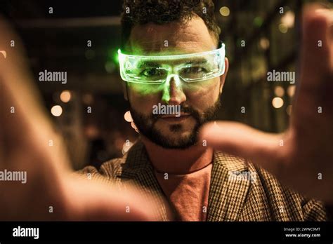 Man Gesturing Wearing Smart Glasses Stock Photo Alamy