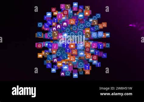 animation of network of rotating globe made of icons and purple lights on black background