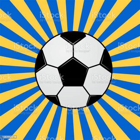 파란색과 노란색 동심 스트립와 배경에 축구 공 팝 아트 스타일에서 축구 배너입니다 재미 있는 만화 스포츠 벡터 일러스트입니다 당신의 작품에 대 한 디자인 서식 파일을 편집