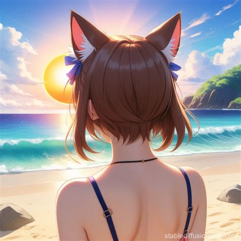 Cat Eared Waifu On Beach Watching Sunset Stable Diffusion Online