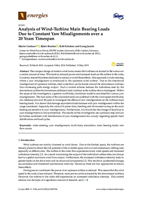 Pdf Analysis Of Wind Turbine Main Bearing Loads Due To Constant Yaw Misalignments Over A 20