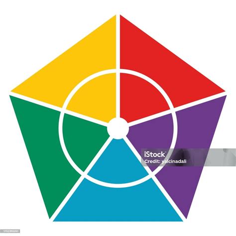 오각형 모양 내부의 다채로운 원형 다이어그램 인포그래픽 템플릿 다이어그램 5가지 색상 벡터 환상 분리에 대한 스톡 벡터 아트 및 기타 이미지 Istock