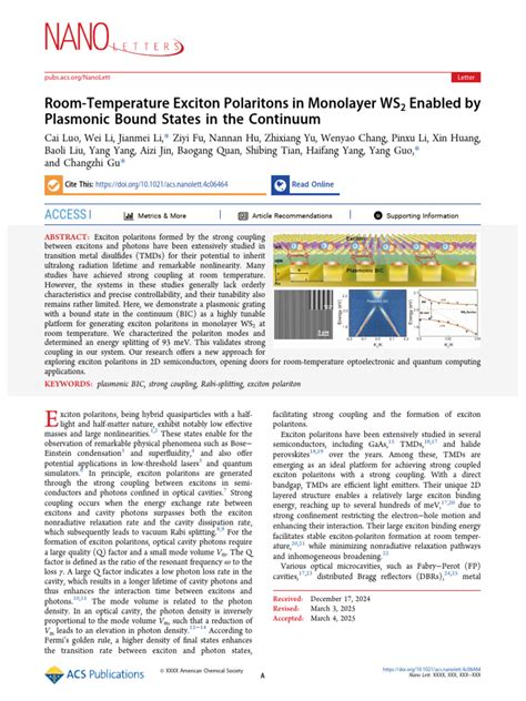 Luo Et Al 2025 Room Temperature Exciton Polaritons In Monolayer Ws2 Enabled By Plasmonic Bound