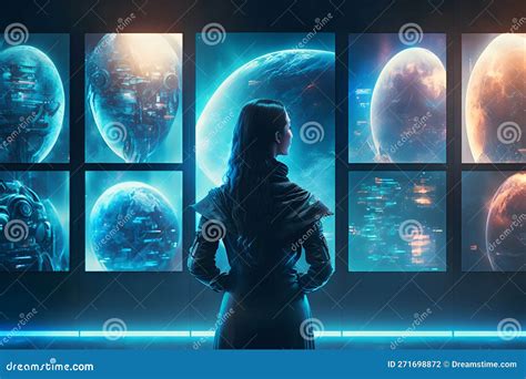 Futuristic Girl Astronaut On A Spaceship Looks Into The Monitors Of A Quantum Computer Neural
