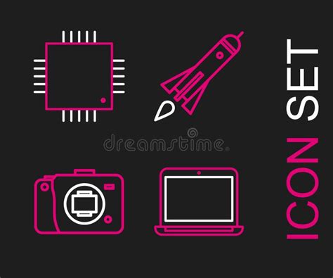 Set Line Laptop Mirrorless Camera Rocket Ship With Fire And Processor