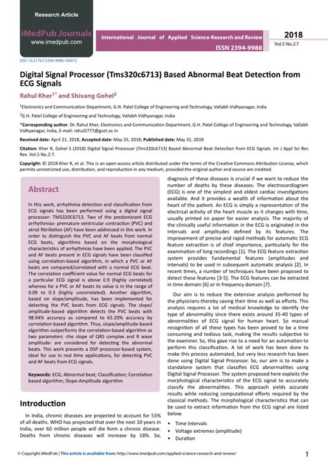 Pdf Digital Signal Processor Tms320c6713 Based Abnormal Beat
