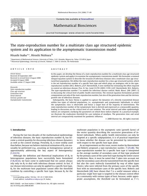 Pdf The State Reproduction Number For A Multistate Class Age Structured Epidemic System And