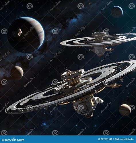 A Massive Space Station Orbiting A Distant Planet With Rings Stock Illustration Illustration