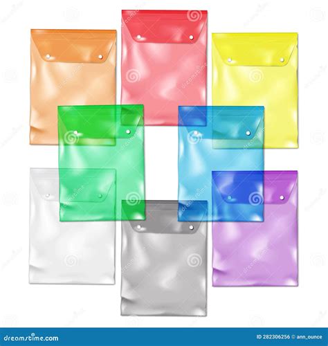 Clear Plastic Envelope Bag With Snap Buttons Color Vector Set Vertical Document Case Stock