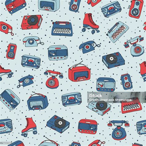 고 대 기술 라디오 타자기 롤러 스케이트 및 점선된 배경에 비닐 레코드 플레이어와 복고풍 원활한 패턴 벡터 1950 1959