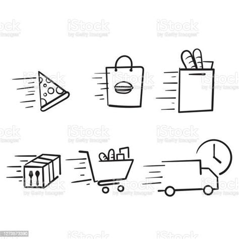 손으로 그린 간단한 음식 배달 관련 벡터 라인 아이콘 낙서 스타일 고립 된 배경 배달에 대한 스톡 벡터 아트 및 기타 이미지 배달 아이콘 음식 Istock