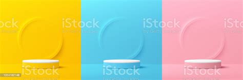 노란색 파란색 분홍색 흰색 실린더 받침대 연단 세트 파스텔 컬러 배경이 있는 엠보스 링 셰이프 추상 벡터 렌더링 3d 셰이프입니다 화장품 디스플레이 프리젠 테이션 최소한의