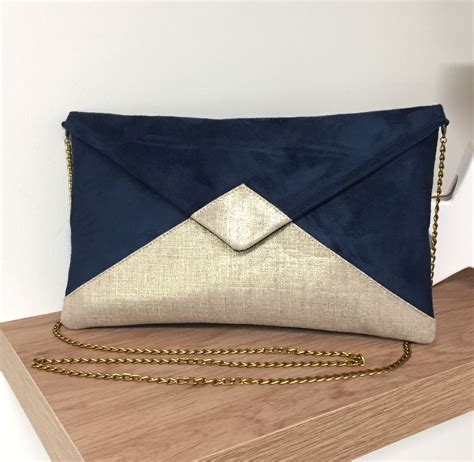 Pochette Soirée Ou Mariage Bleu Nuit Et Lin Doré Sac Chainette