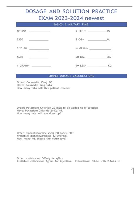 DOSAGE AND SOLUTION PRACTICE EXAM LATEST DOSAGE CALCULATIONS PRACTICE EXAM Dosage Calculation