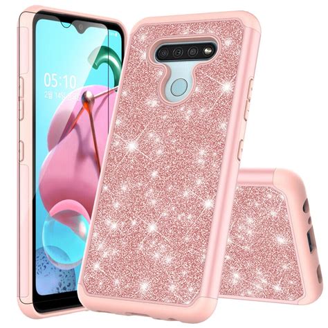 For LG K51 Q51 With Screen Protector Phone Case Glitter Shock Proof Edge Scratch Shield Hybrid