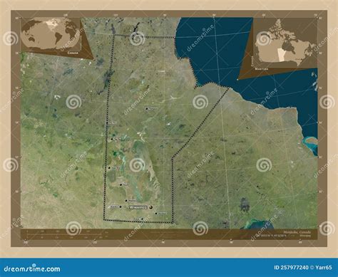 Manitoba Canada Low Res Satellite Labelled Points Of Cities Stock