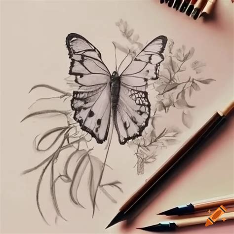 Butterfly On Flower Drawing In Pencil
