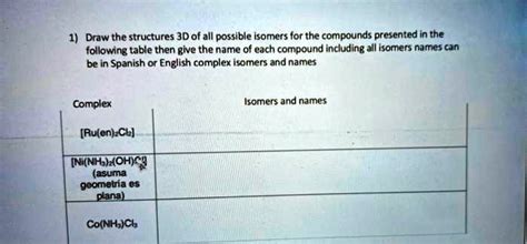 SOLVED: 1) Draw the structures 3D of all possible isomers for the compounds presented in the ...