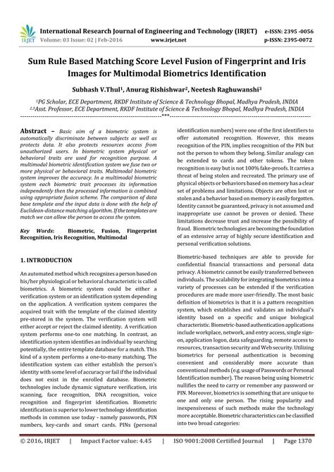Sum Rule Based Matching Score Level Fusion Of Fingerprint And Iris