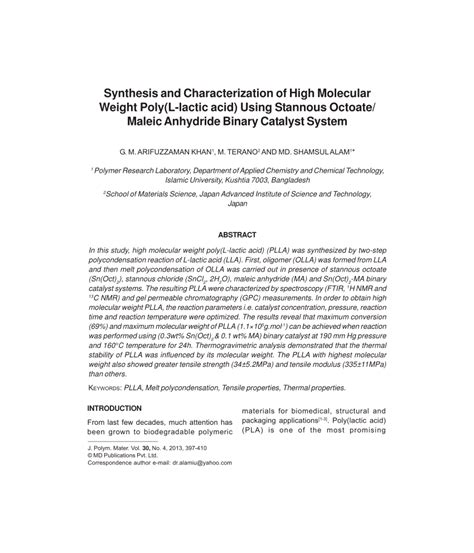 Pdf Synthesis And Characterization Of High Molecular Weight Polyl Lactic Acid Using Stannous