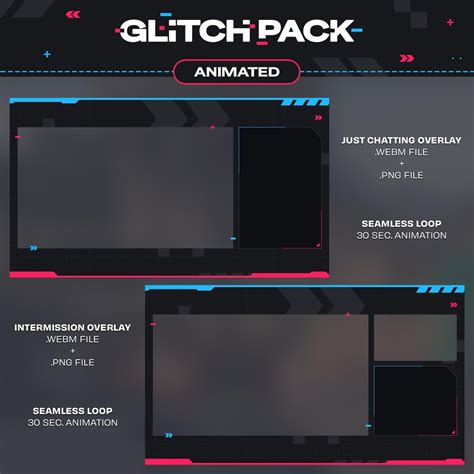 Animated Glitch Twitch Overlay Package Stream Screens Alerts Panels
