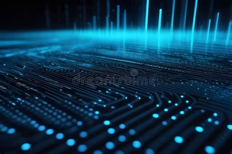 blue circuit board with glowing blue light trails and binary code