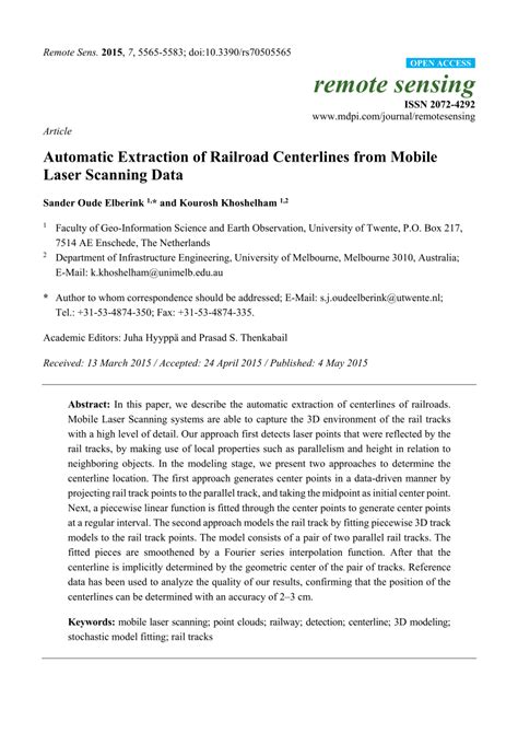 Pdf Automatic Extraction Of Railroad Centerlines From Mobile Laser