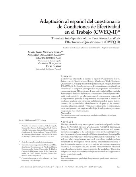 Pdf Translate Into Spanish Of The Conditions For Work Effectiveness Questionnaire Cweq Ii